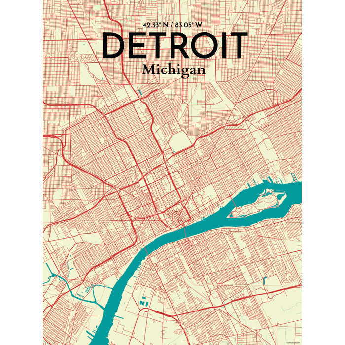 OurPoster.com 'Detroit City Map' Graphic Art Print Poster in Tricolor ...