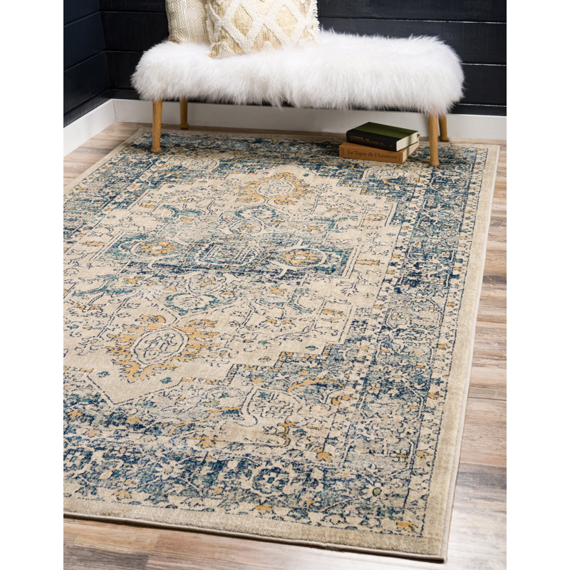 Bloomsbury Market Jae Oriental Beige / Navy blue Area Rug & Reviews ...