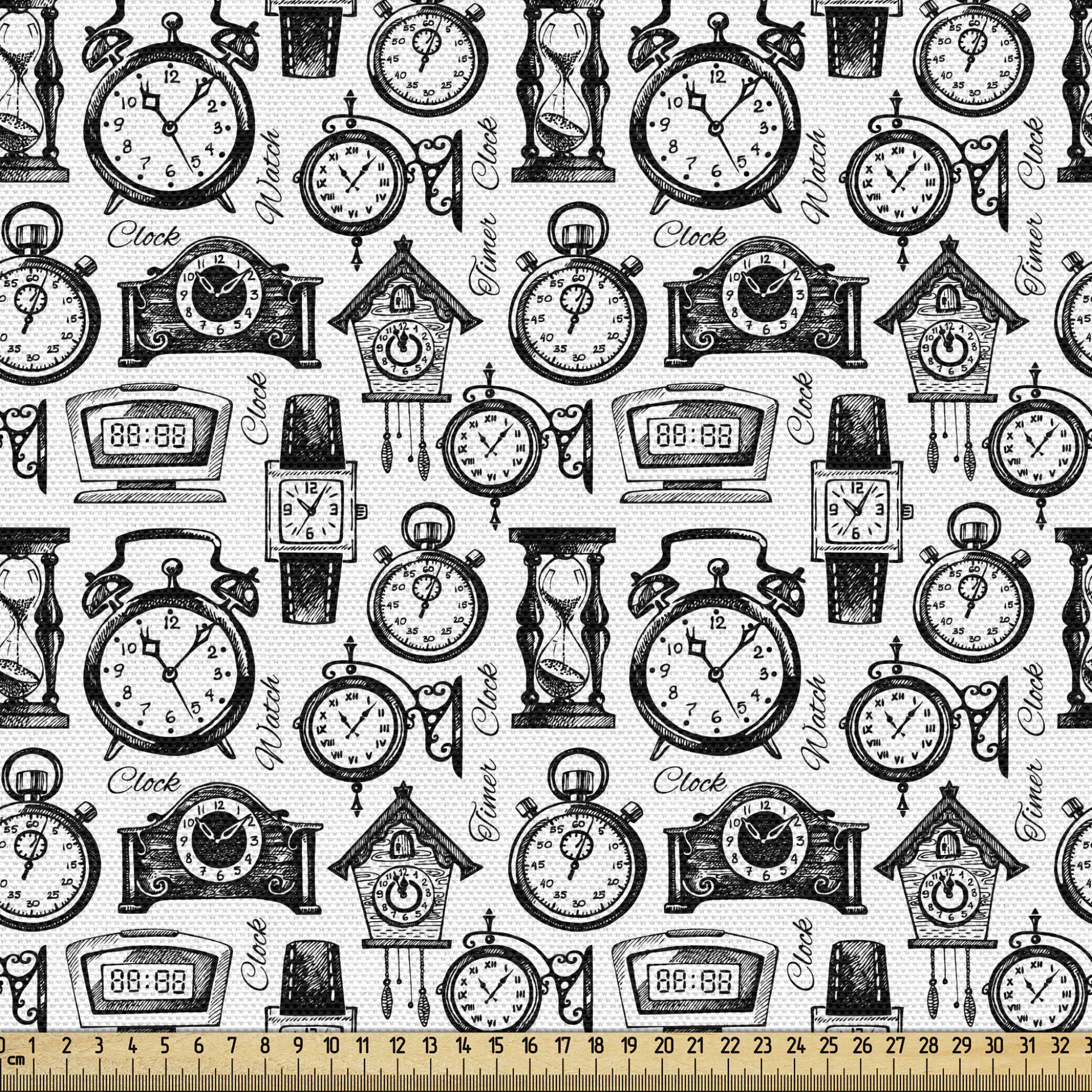 East Urban Home fab_22806_Clock Fabric By The Yard, Hand Drawn Clocks ...