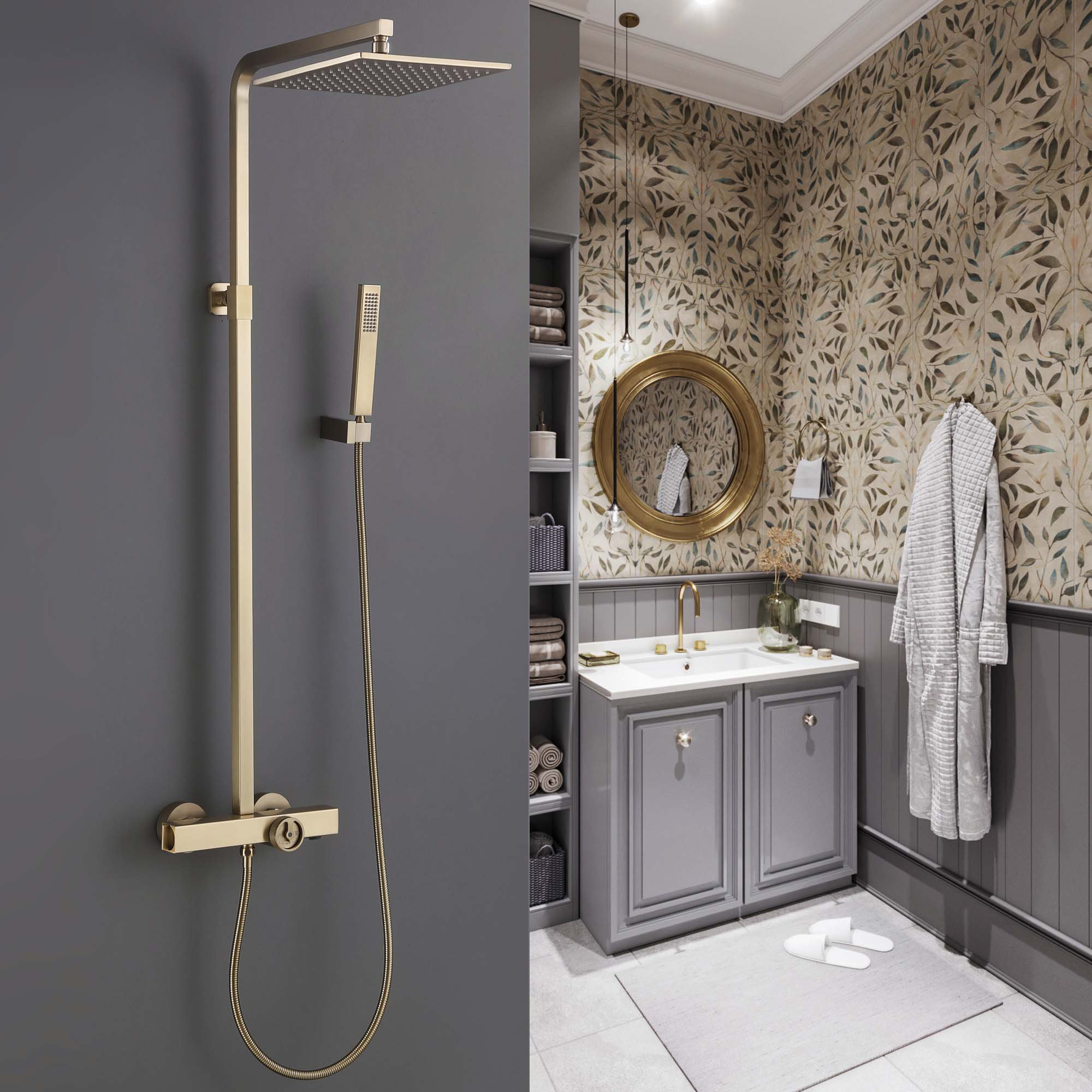 Selected Brushed Gold Thermostatic Bathroom Shower System With Rough-In ...