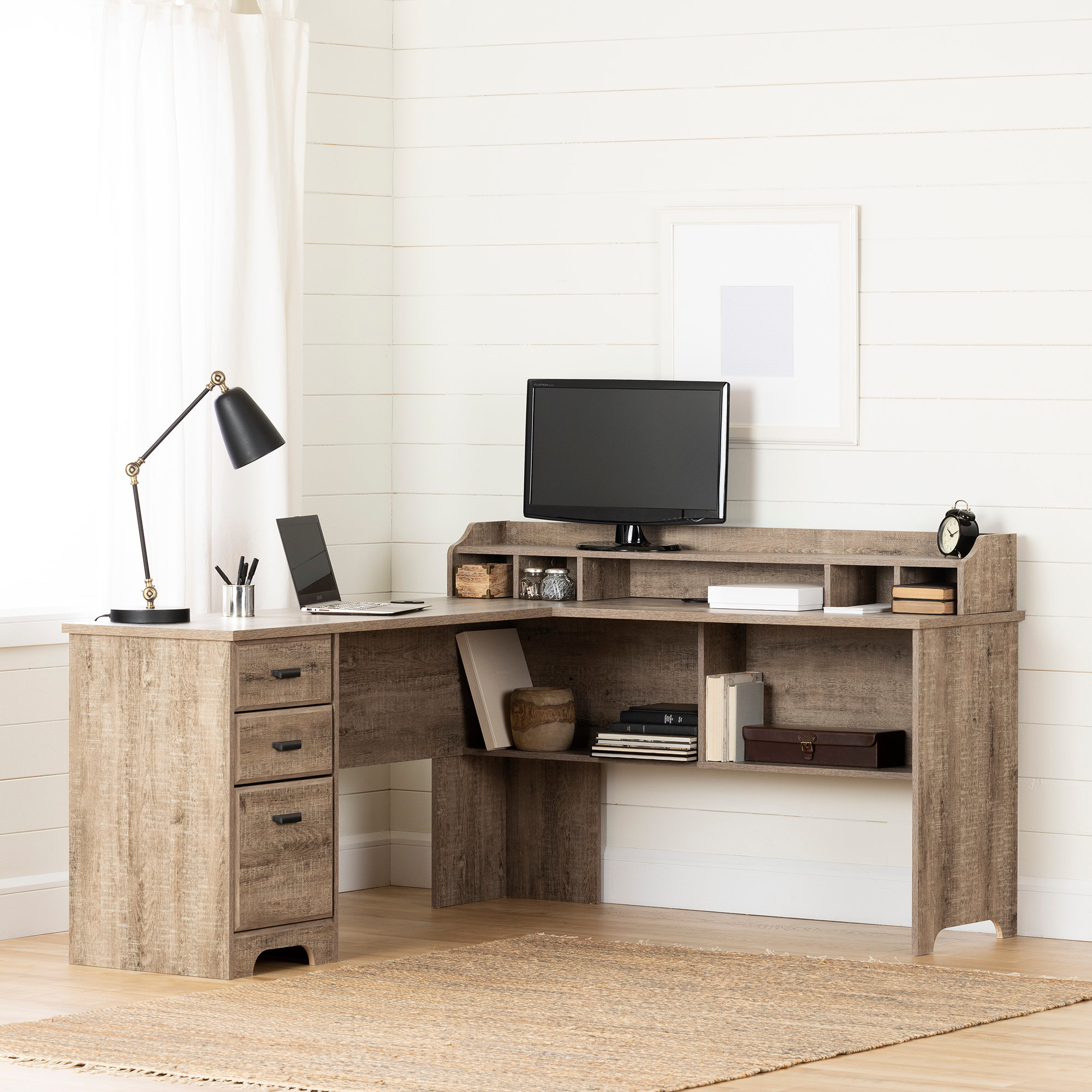 South Shore Versa L-Shape Desk with Hutch and Built in Outlets ...