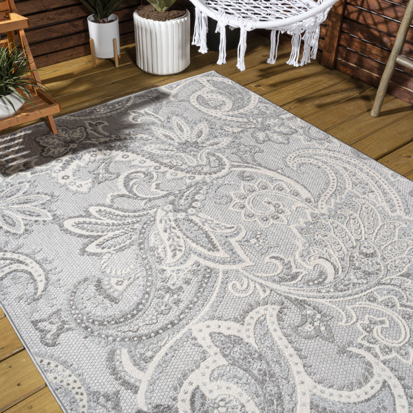 Ophelia & Co. Irvine Paisley Light Gray/Ivory Indoor / Outdoor Area Rug ...