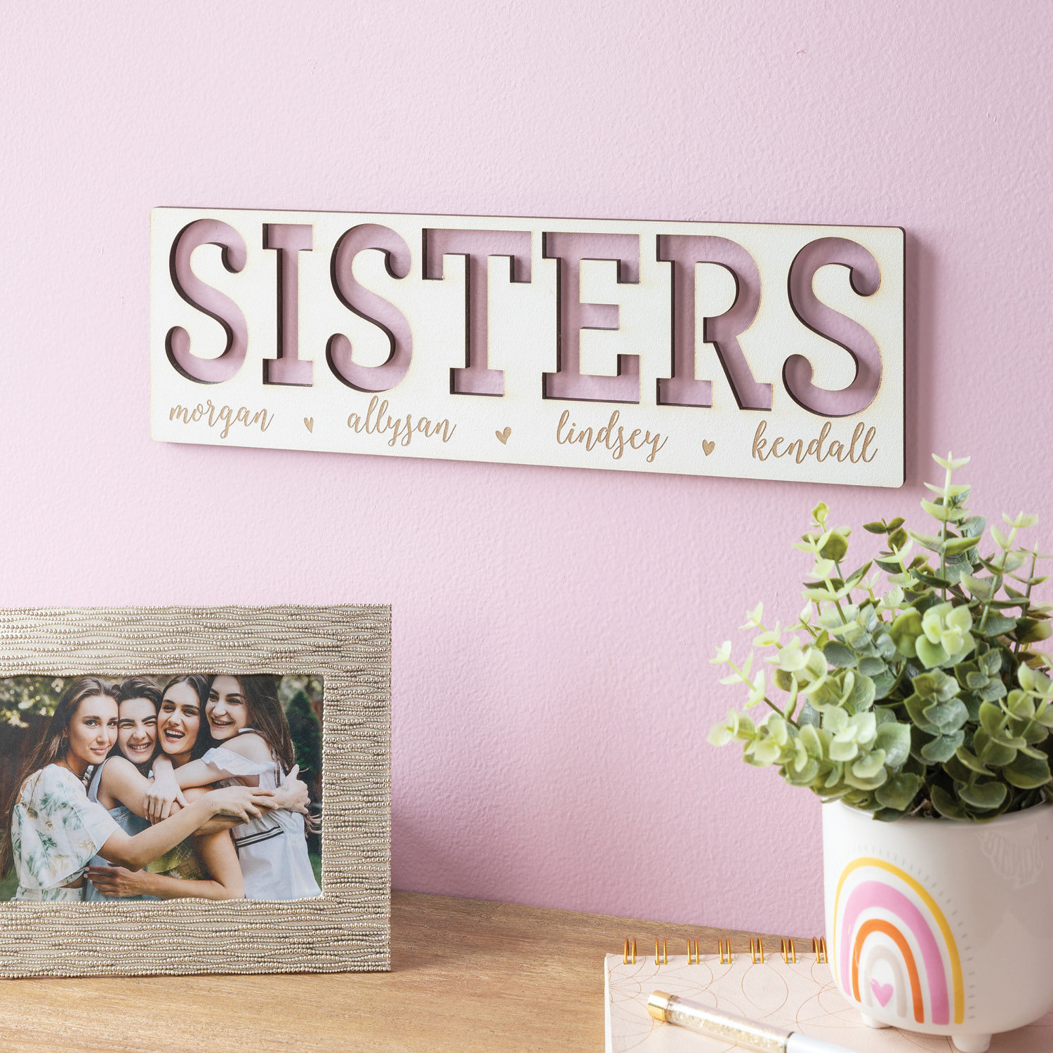 Trinx Sisters Wood Plaque With 3 Custom Names Laser Engraved In White ...