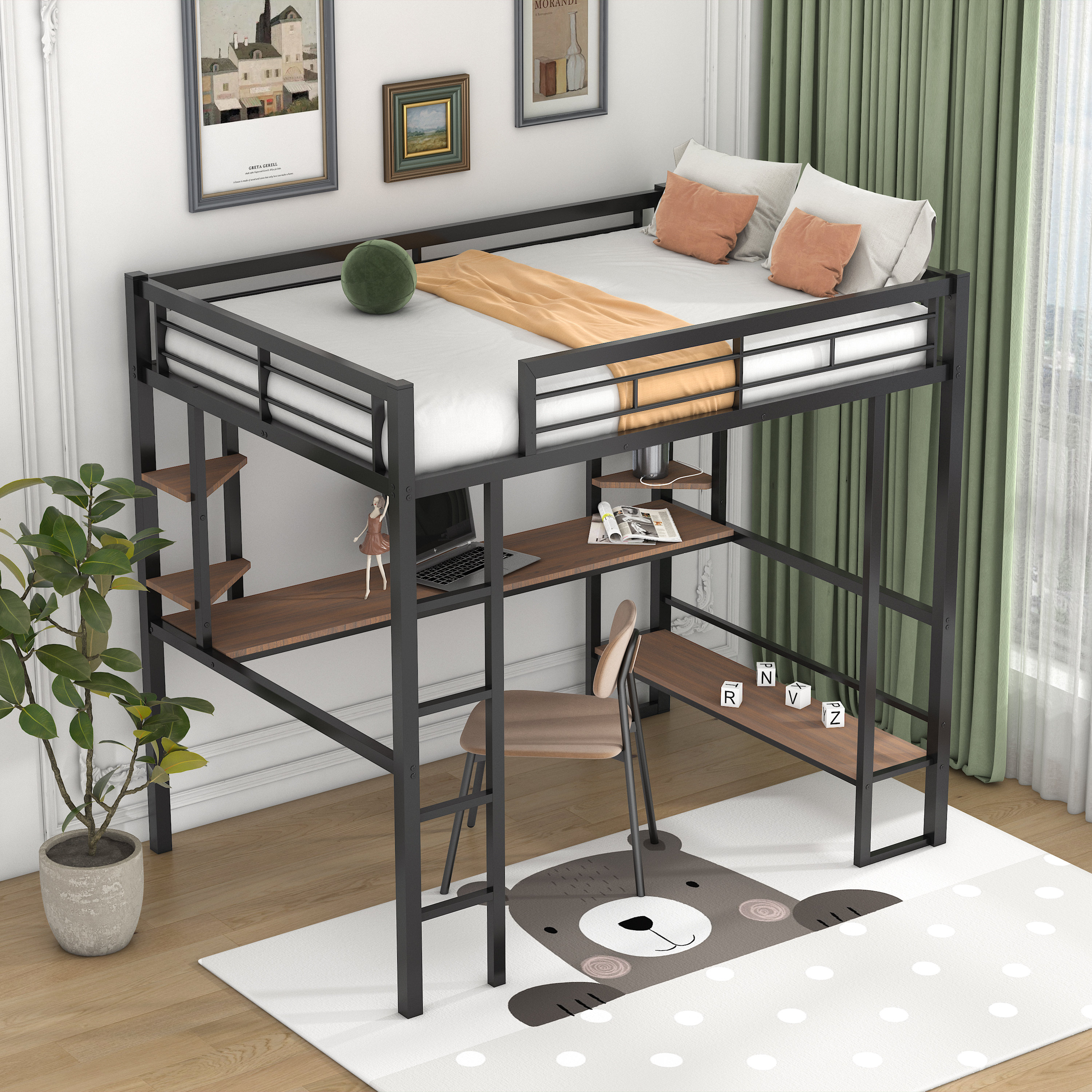 Mason & Marbles Farrahn Full Metal Standard Beds Loft Bed with Built-in ...
