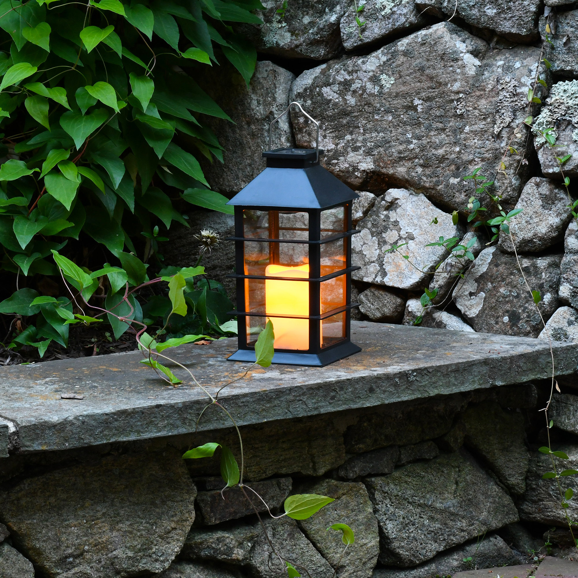 LumaBase Solar Powered Lantern with LED Candle - Horizontal Black ...