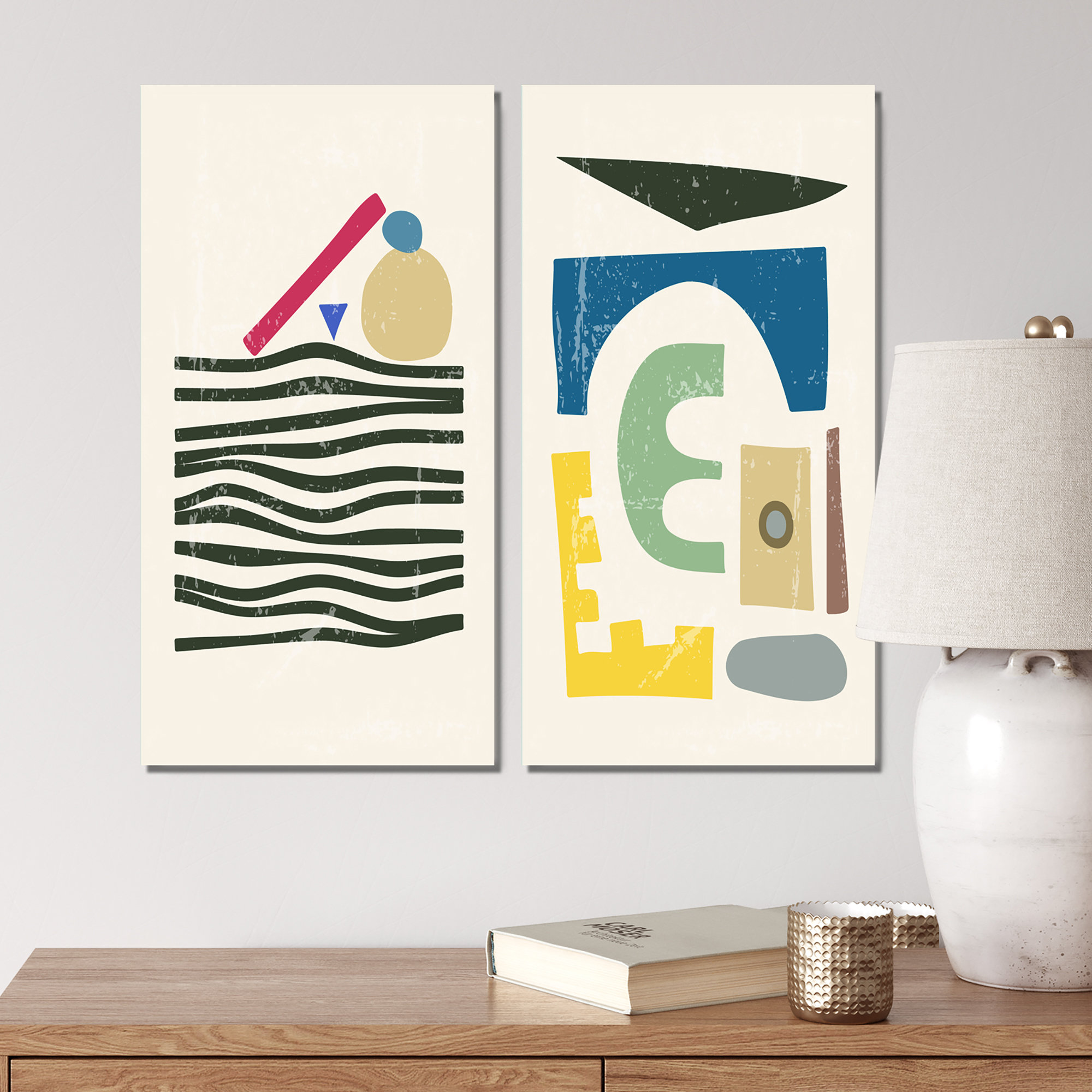Wrought Studio Abstract Primitive Shapes In Retro Colors I - 2 Piece ...