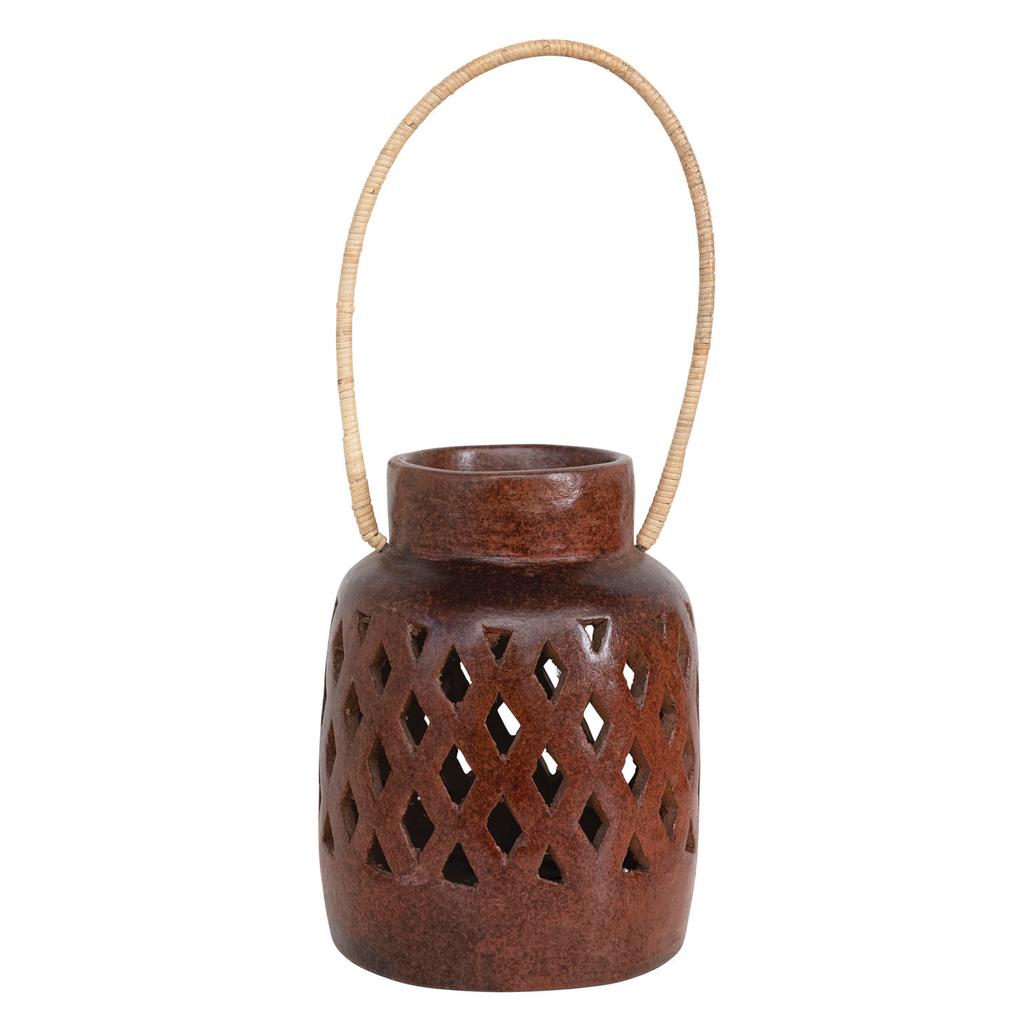 Creative Co-Op Handmade Terra-Cotta Lantern With Cut-Outs And Rattan ...
