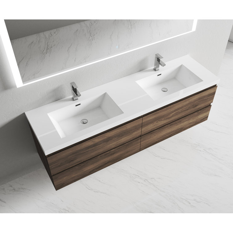 Latitude Run® 71'' Wall Mounted Double Bathroom Vanity with Polymarble ...