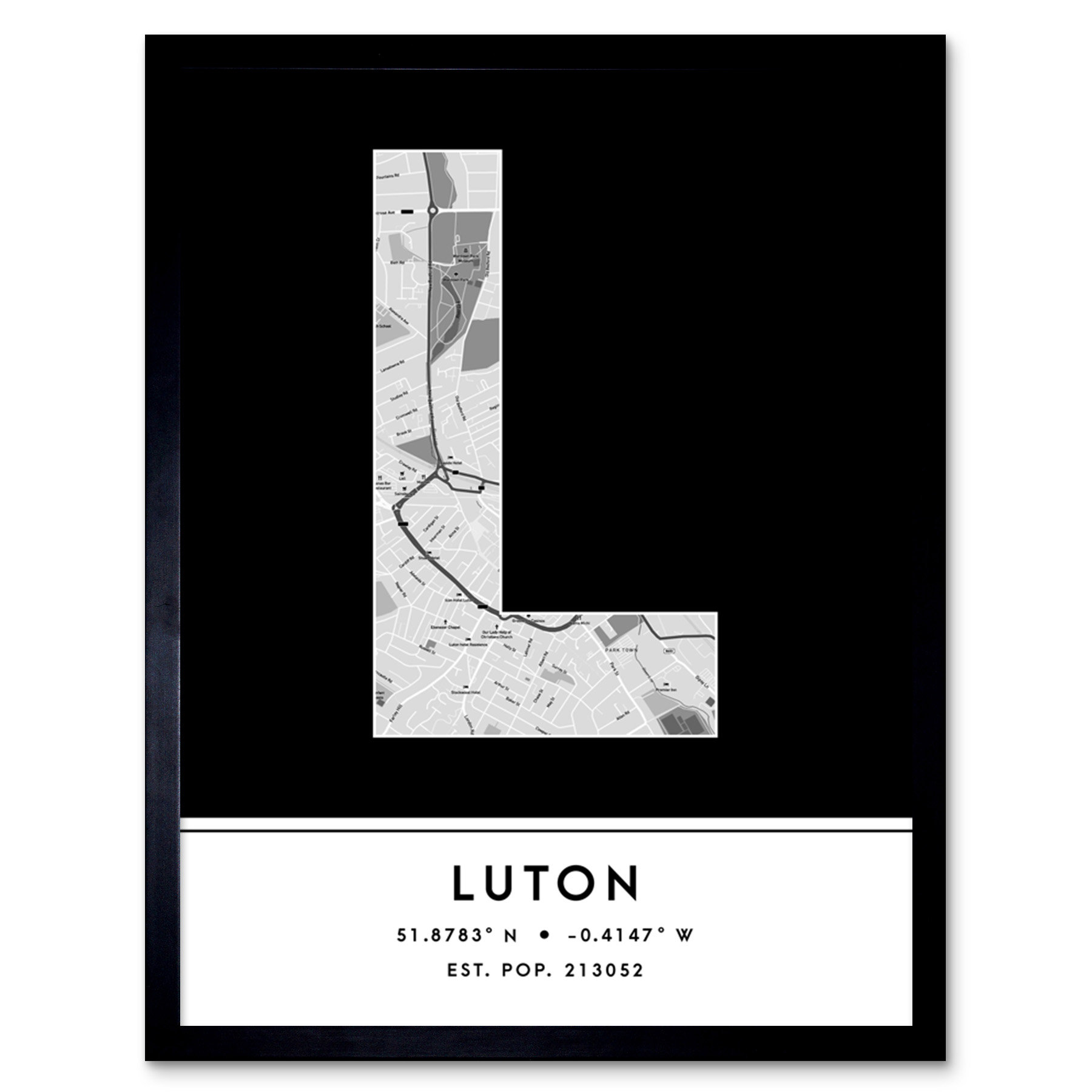 Wee Blue Coo Luton City Map Luton Black & White by Wee Blue Coo ...