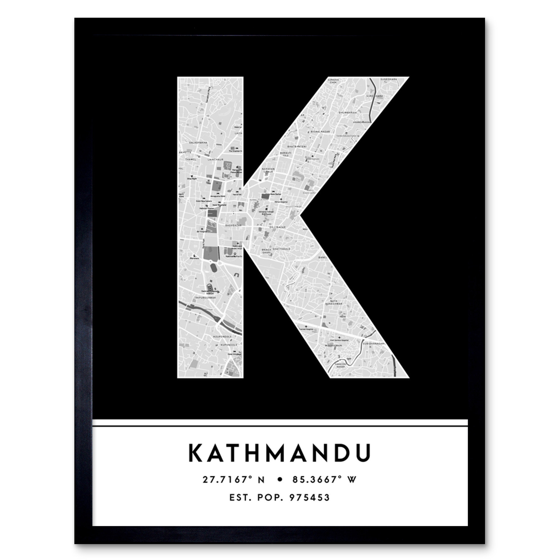 Wee Blue Coo Kathmandu City Map Kathmandu Black & White by Wee Blue Coo ...