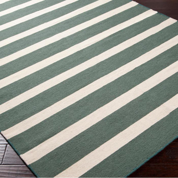Ebern Designs Lowery Handmade Flatweave Wool White/Peacock Green Rug ...