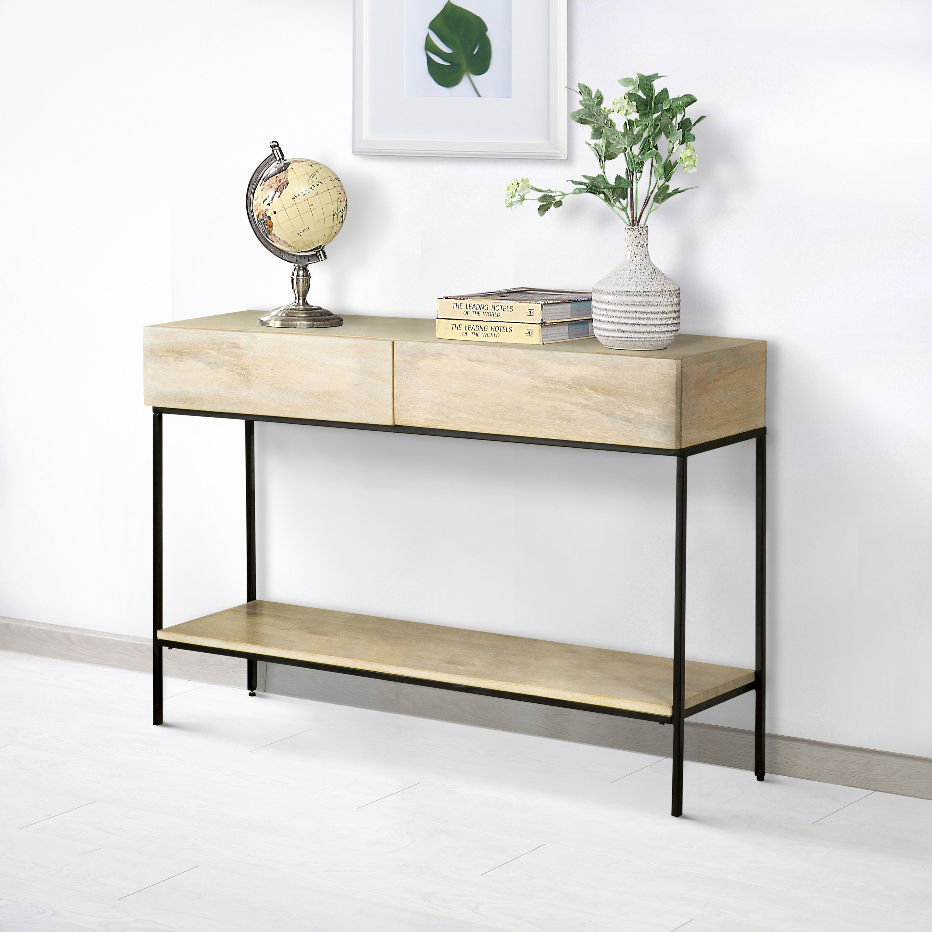 17 Stories Ansley White Washed and Matte Black 2-Drawer Console Table ...