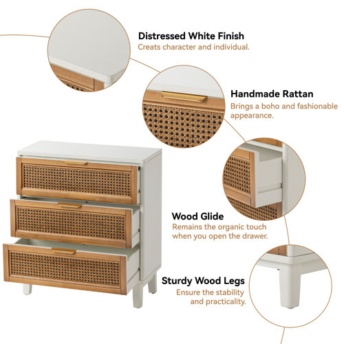 Bay Isle Home Aril 3-Drawer Woven Cane Front Accent Chest, Mid Century ...
