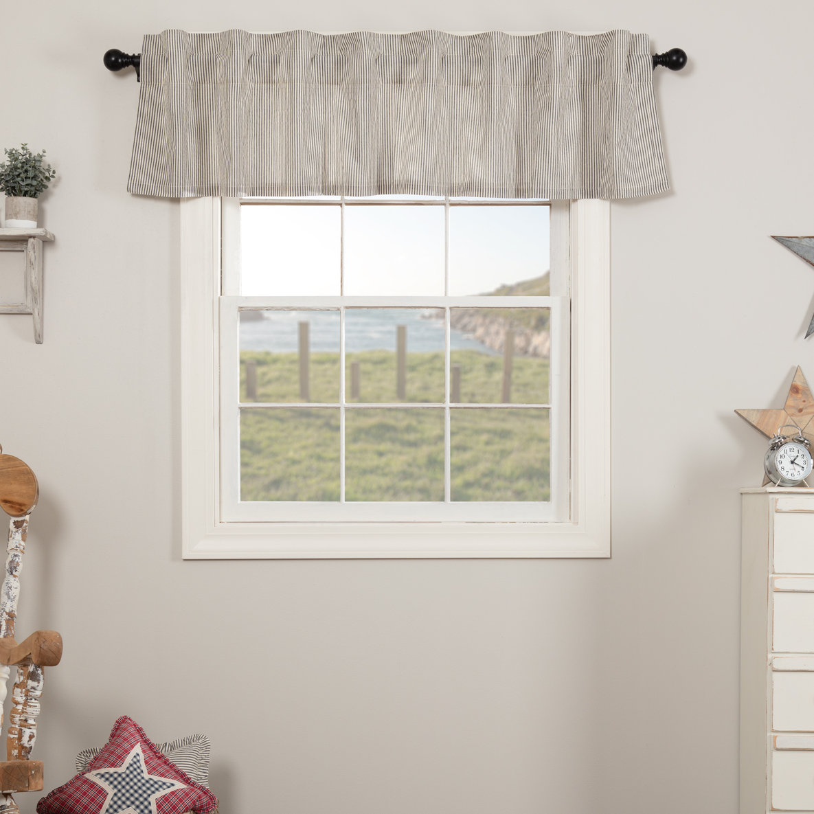 August Grove® Peltier Striped Cotton Ruffled Window Valance in Denim ...