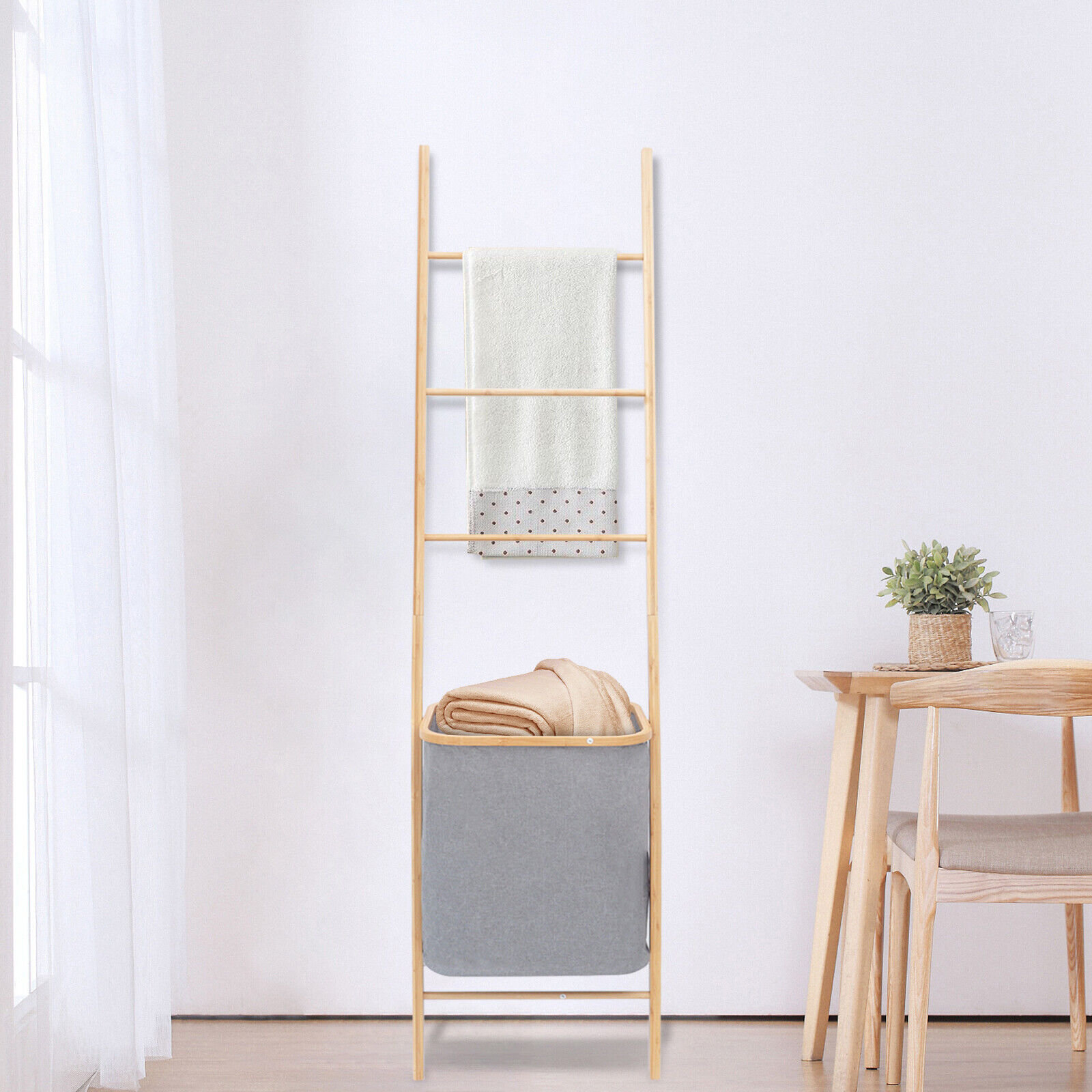 Latitude Run® Bamboo Laundry Basket Bath Towel Ladder Rack Laundry ...