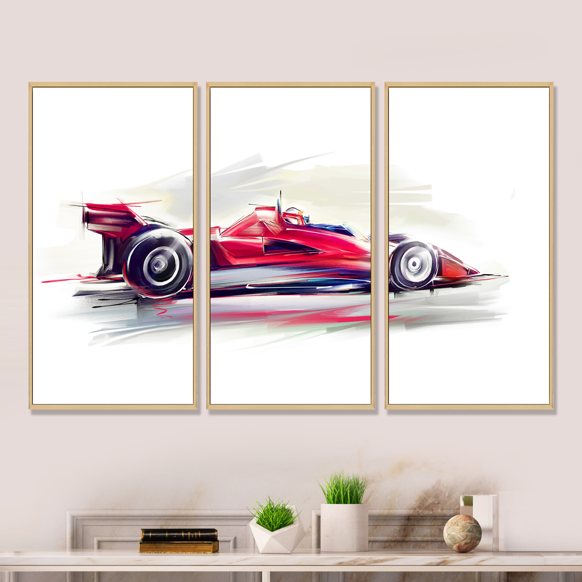 17 Stories Red Formula One Car - 3 Piece Painting on Canvas | Wayfair