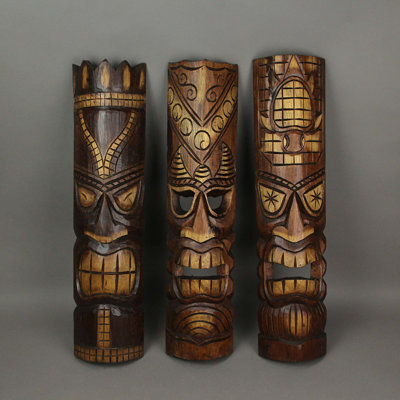Bayou Breeze 3 Piece Carved Wood Tiki God Masks Wall Décor Set | Wayfair