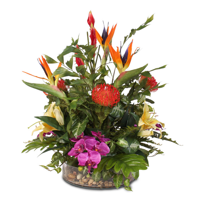 JennySilks Exotic Tropical Silk Mixed Floral Arrangement in Glass Bowl ...