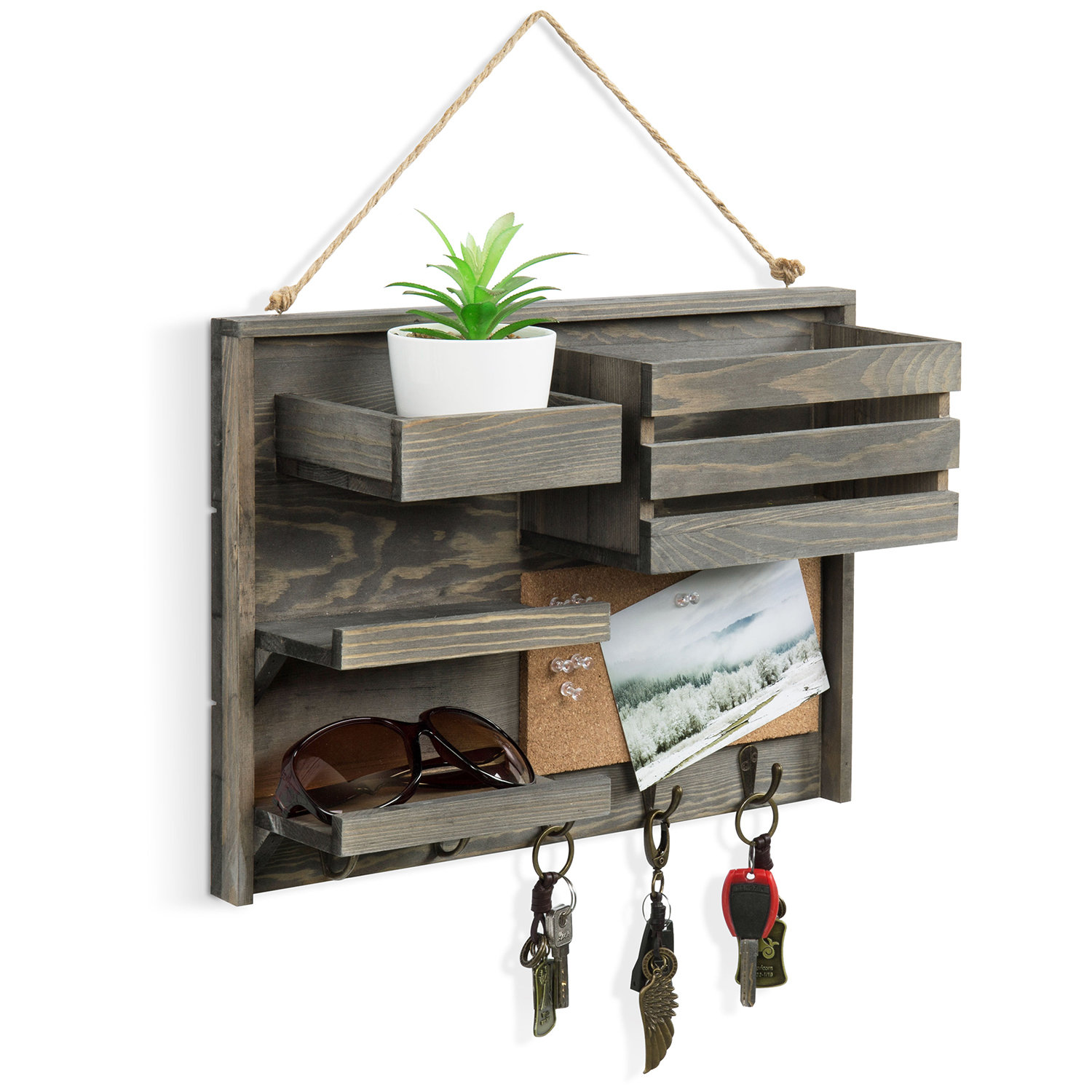 Gracie Oaks Jalayia Solid Wood Wall Mail Organizer With Key Hooks | Wayfair