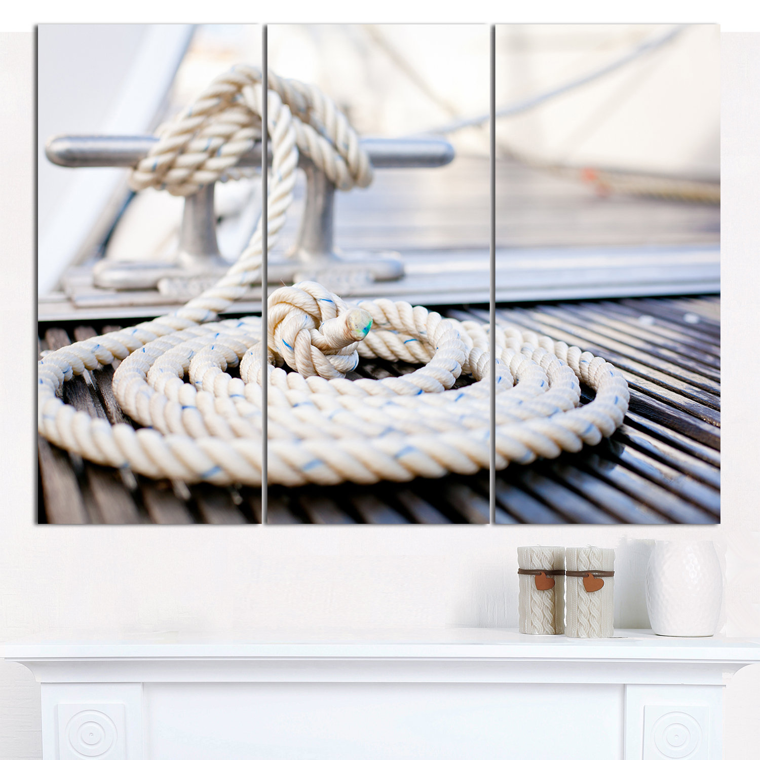 DesignArt White Nautical Mooring Rope - 3 Piece Wrapped Canvas ...