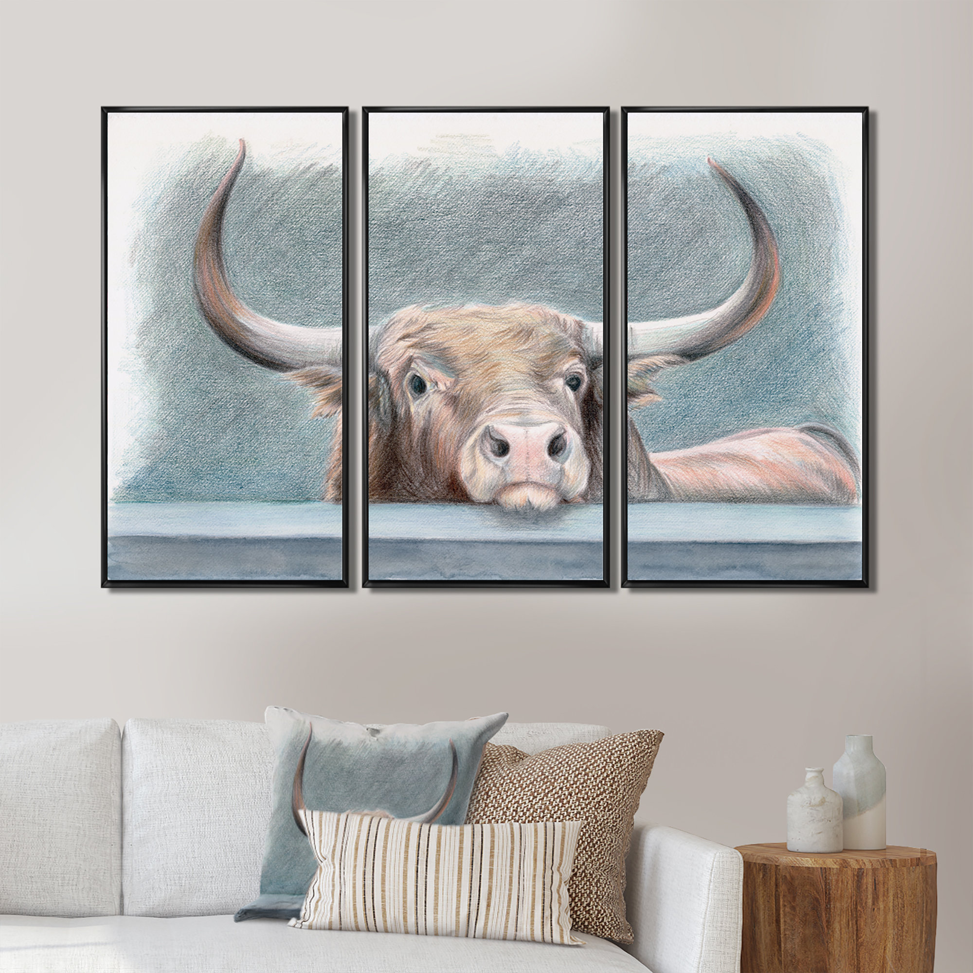 Gracie Oaks Big Bull With Horns Behind A Low Wall - 3 Piece on | Wayfair