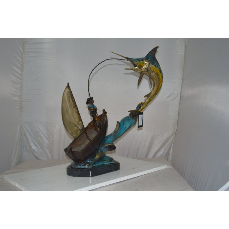Nifao Statues Old Man Fishing A Large Catch Bronze Statue -Size: 27"L X ...