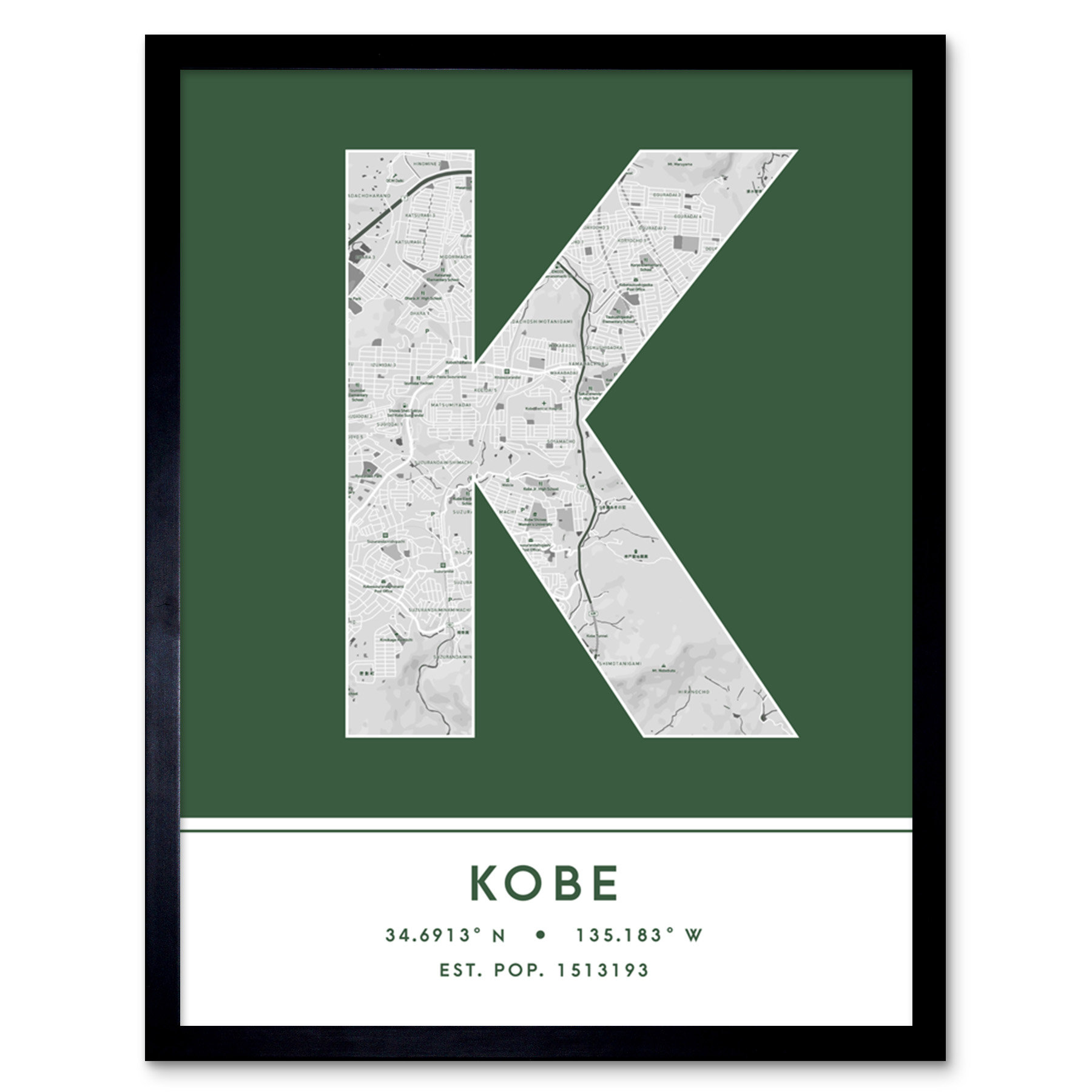 Wee Blue Coo Kobe City Map Kobe Green by Wee Blue Coo - Picture Frame ...