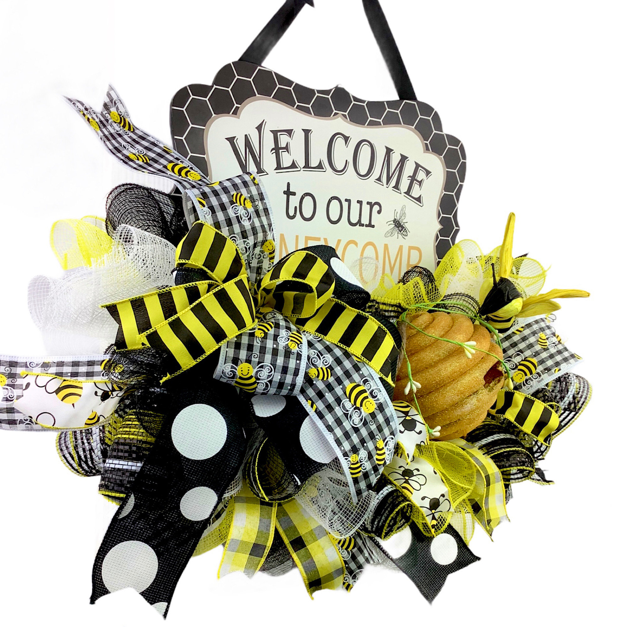 Gracie Oaks Welcome To Our Honeycomb Bumble Bee Welcome Wreath | Wayfair