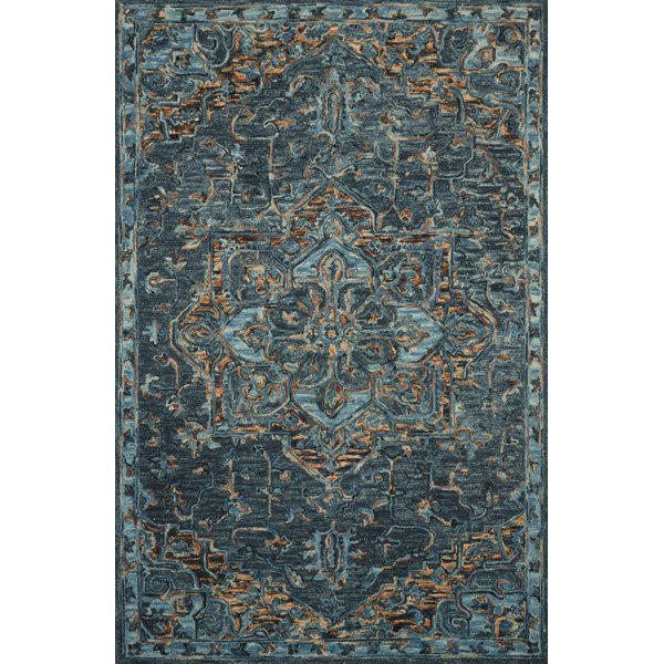 World Menagerie Eduarda Handmade Looped/Hooked Wool Teal/Gold Rug ...