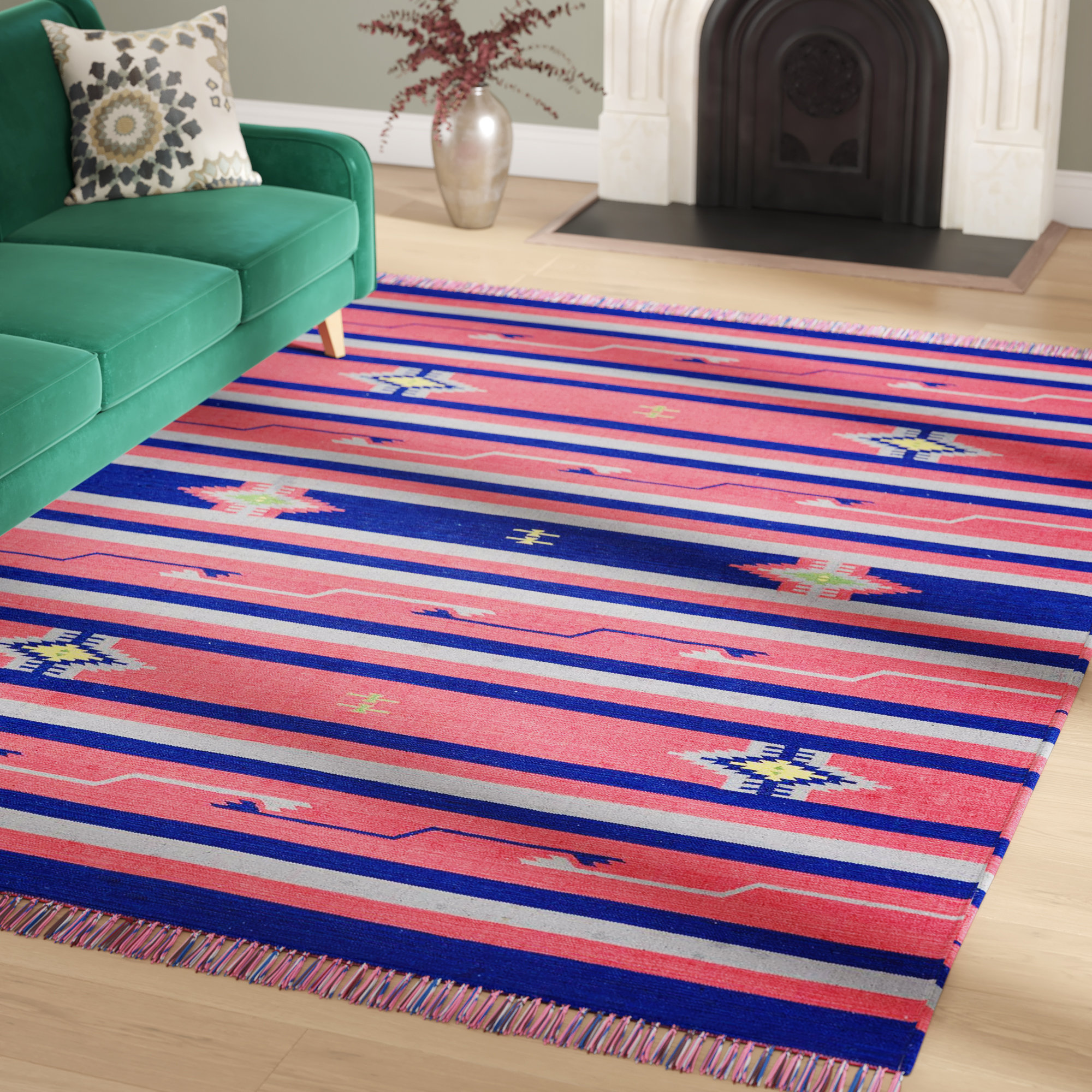 Bungalow Rose Huntingburg Southwestern Hand-Woven Flatweave Pink/Blue ...