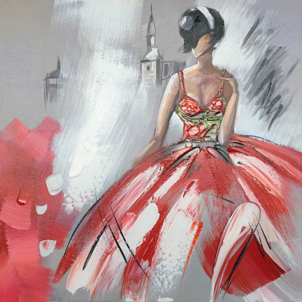 Ebern Designs 'Dancing Girl in Red Dress II' Oil Painting Print on ...
