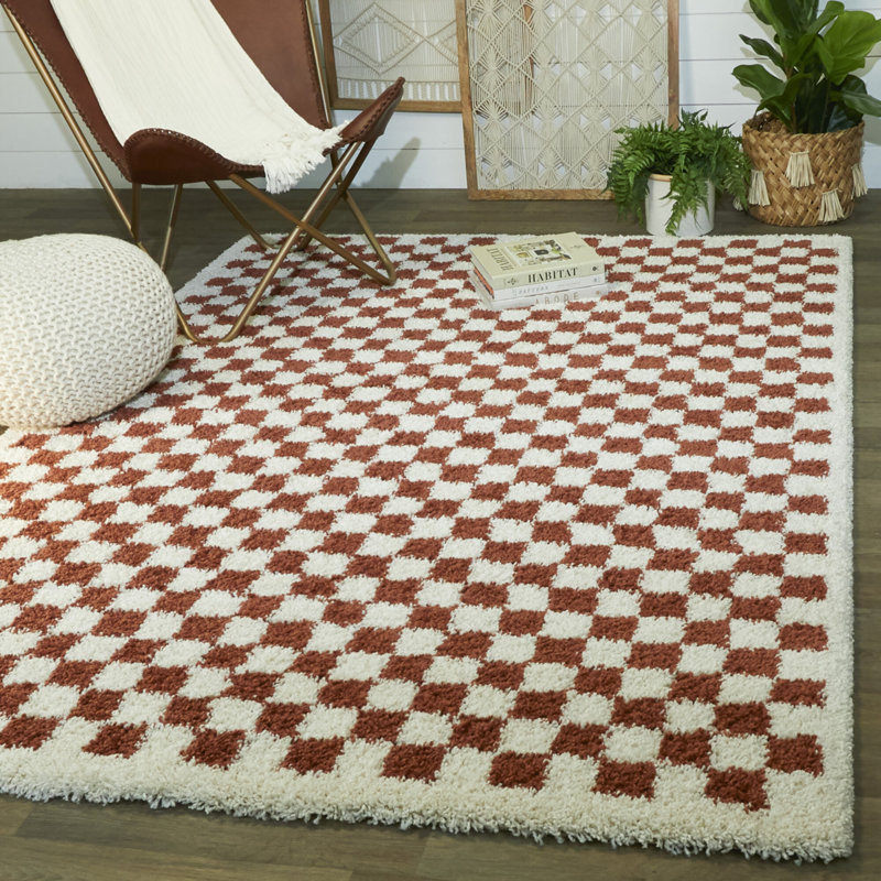 AllModern Walker Checkered Burnt Orange/Cream Shag Area Rug & Reviews ...