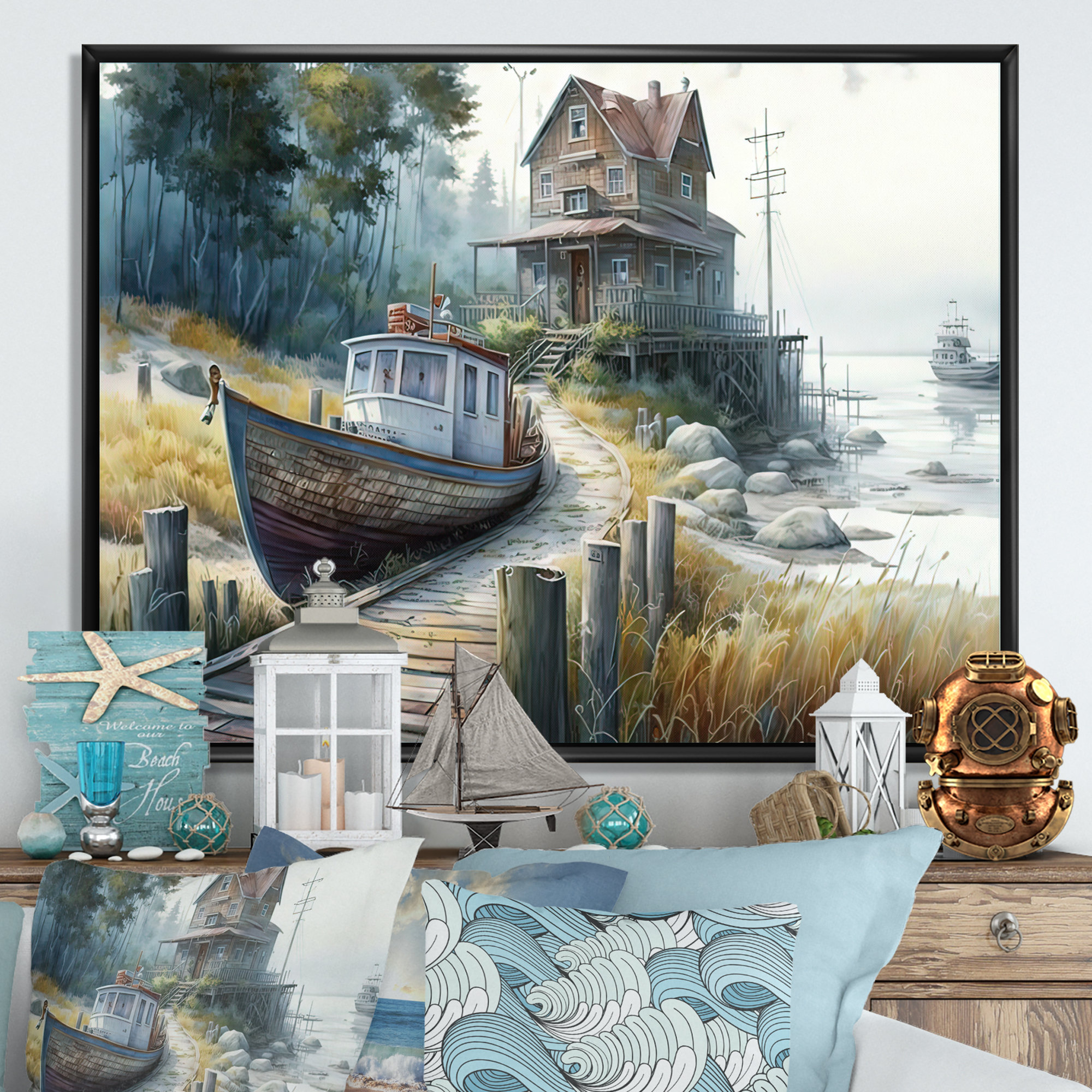Breakwater Bay Rustic Port With A Fishing Boat III - Painting on Canvas ...