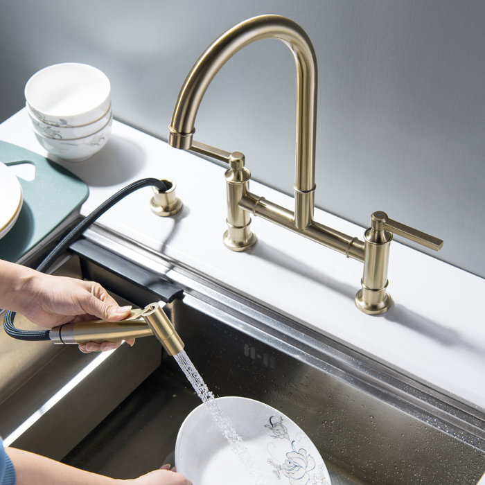 Selected Bridge Double Handles Kitchen Faucet With Side Spray & Reviews ...