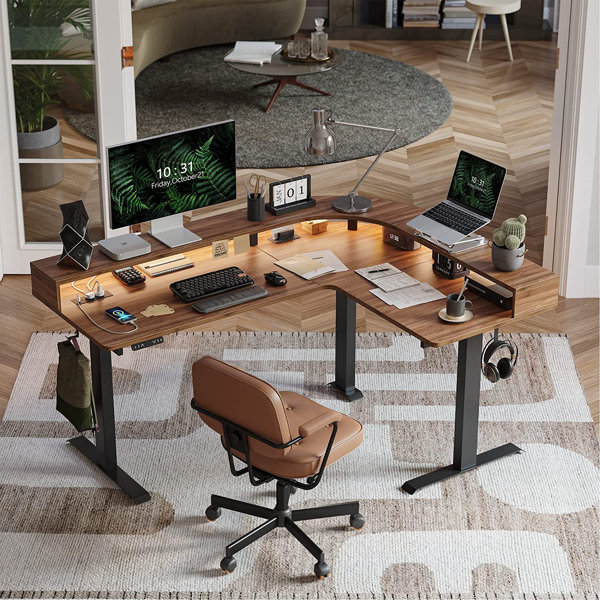FEZIBO Triple Motor L Shaped Stadning Desk With LED Strip & Reviews ...
