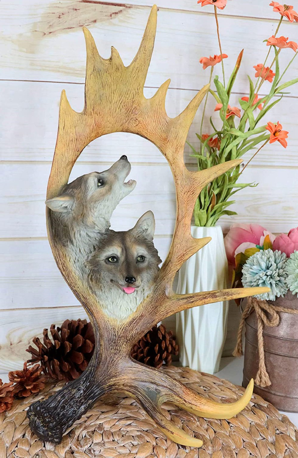 Millwood Pines Rustic Western Emperor Moose Deer Antler With Howling Wolves Family Desktop ...