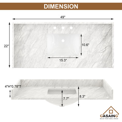 CASAINC 49'' Marble Single Bathroom Vanity Top in White with Sink | Wayfair