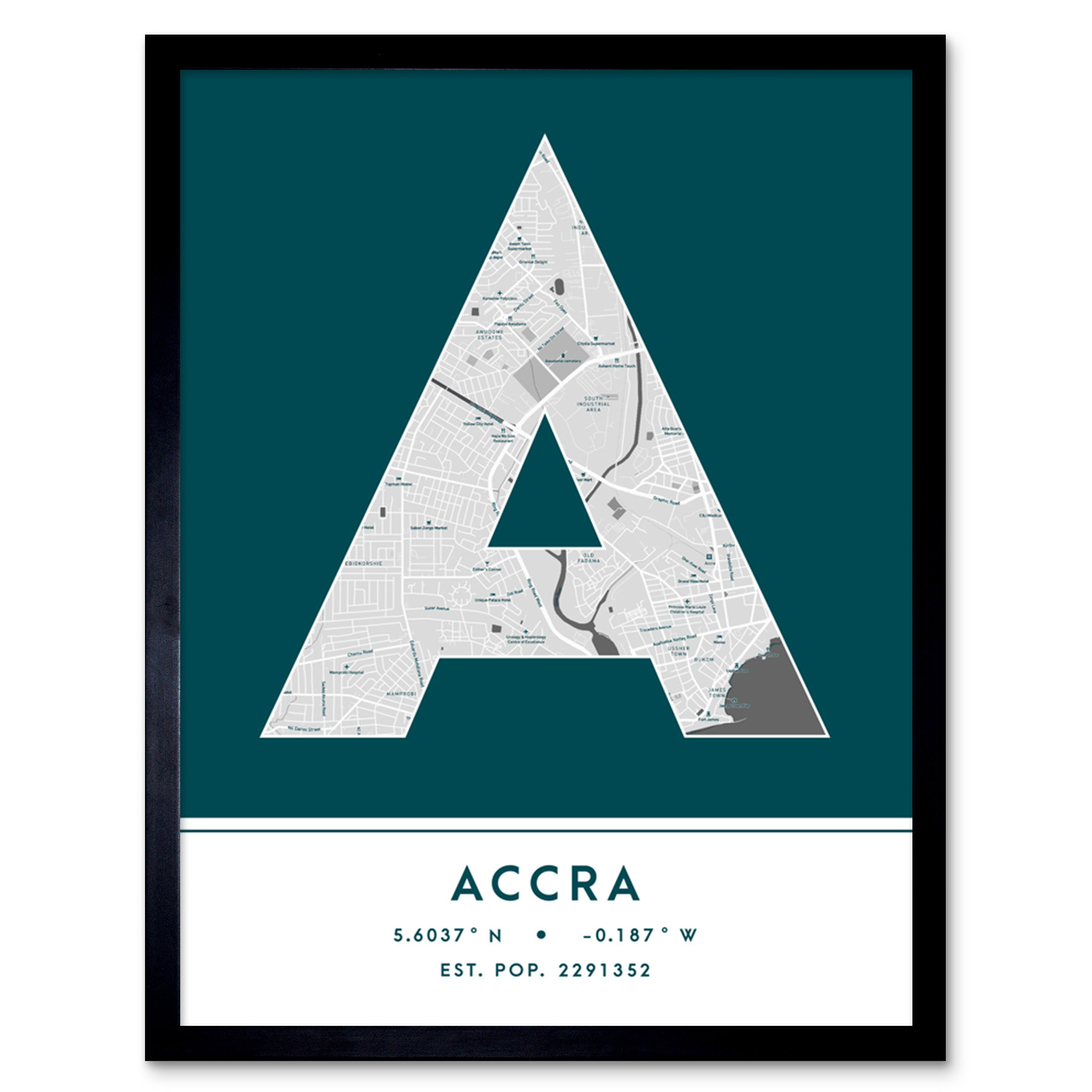 Wee Blue Coo Accra City Map Accra Teal by Wee Blue Coo - Picture Frame ...