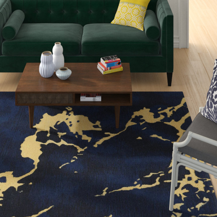 Ivy Bronx Lavonne Abstract Handmade Tufted Navy Blue/Yellow Area Rug ...