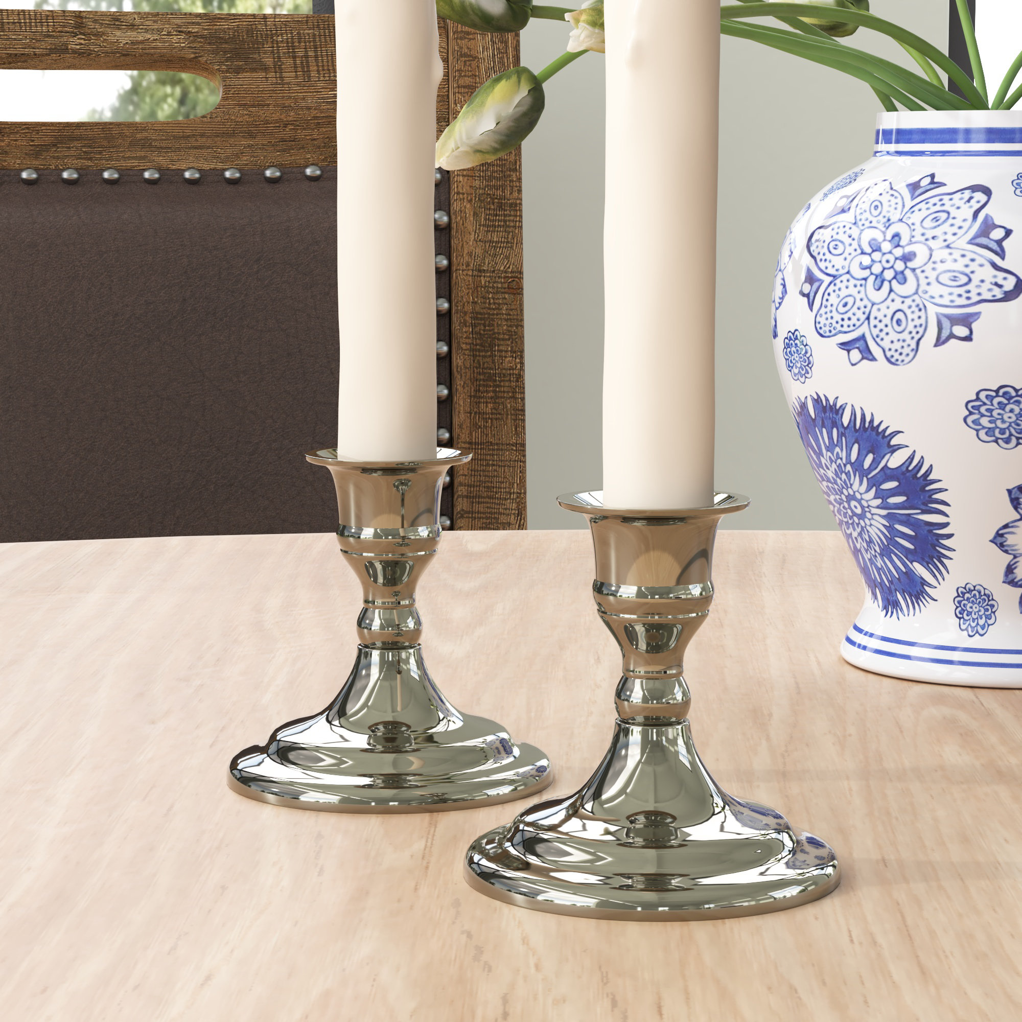 Three Posts™ Metal Candlestick Stainless Steel Set & Reviews | Wayfair