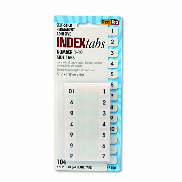 REDI-TAG CORPORATION Side-Mount Self-Stick Plastic Index Tabs Nos 1-10 ...