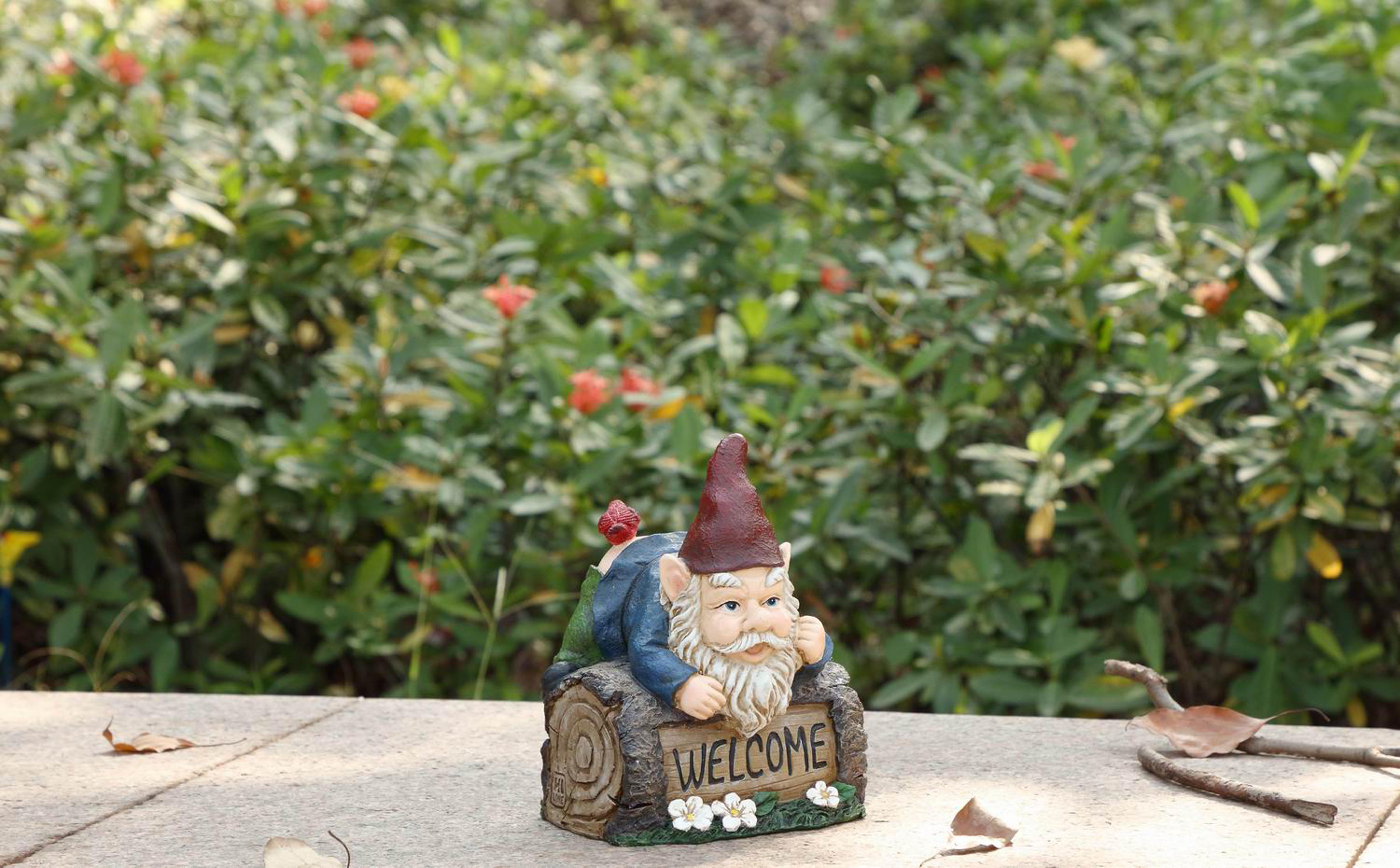Hi-Line Gift Ltd. Welcome Sign Gnome Crawling over Tree Trunk Statue ...
