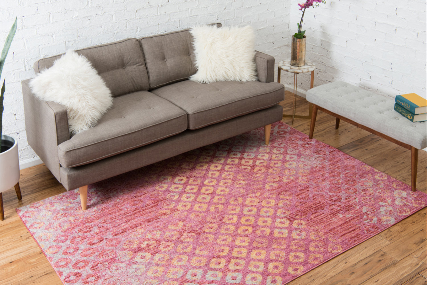 Wrought Studio Kyng Power Loom 100% Space Dyed Polyester Pink/Gold Rug ...