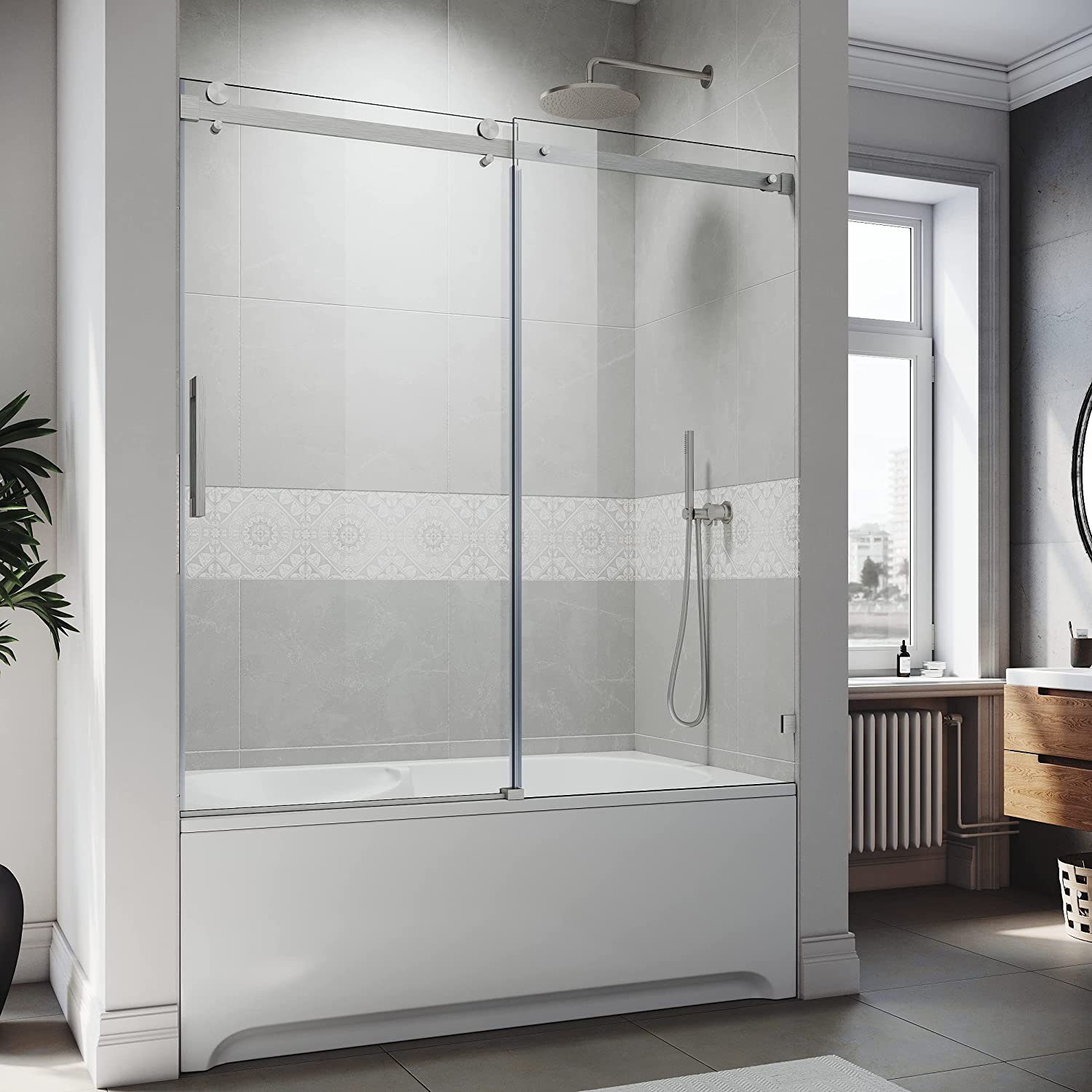 VTI 58'' - 60'' W x 62'' H Single Sliding Frameless Tub Door with Clear ...
