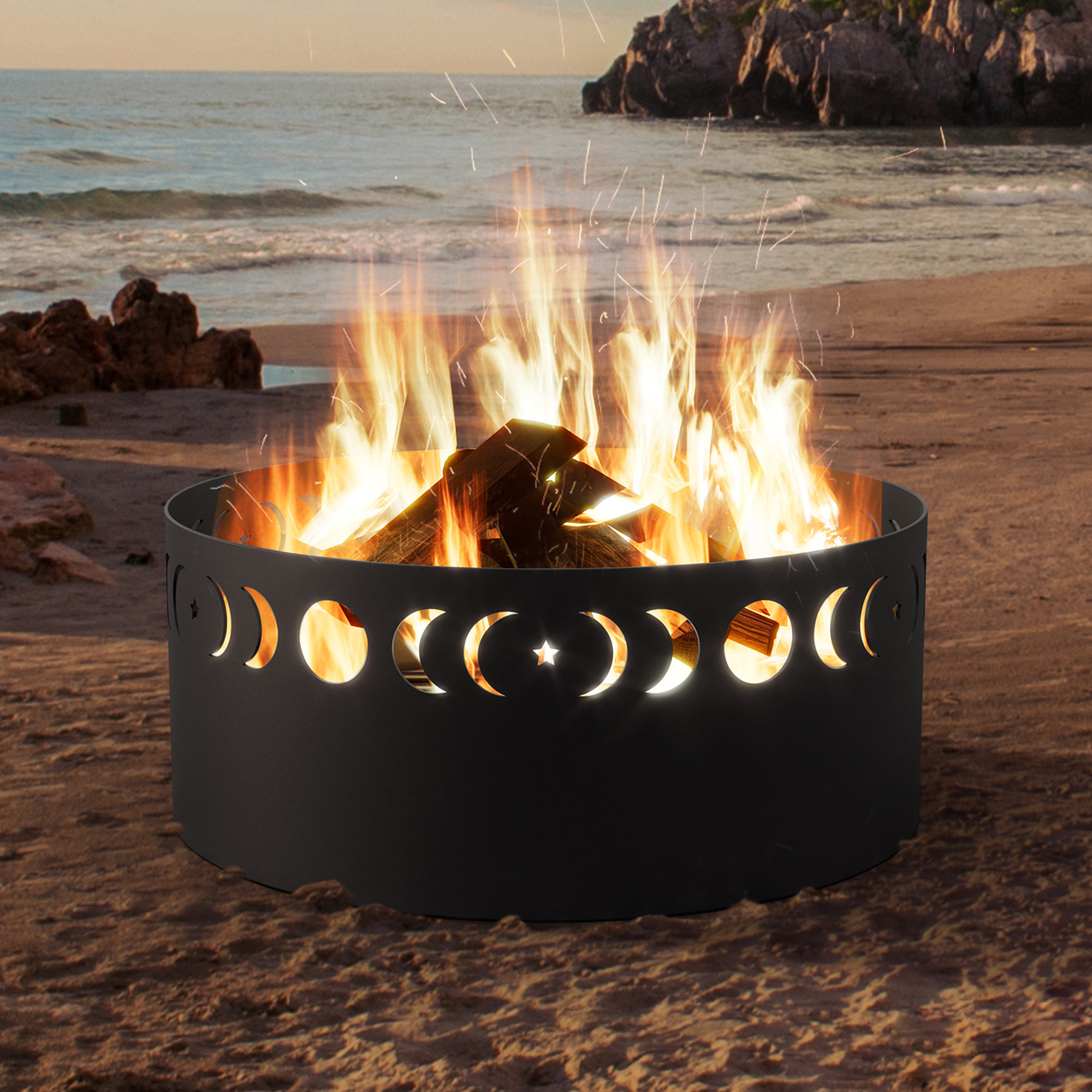 Ebern Designs Zohal 10" H x 33.5" W Iron Wood Burning Outdoor Fire Ring ...