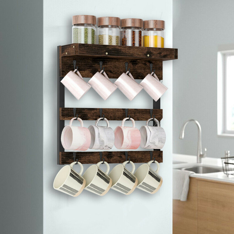 Loon Peak® Cottie Wood Rustic Coffee Mug Holder Rack Wall Mounted Shelf ...