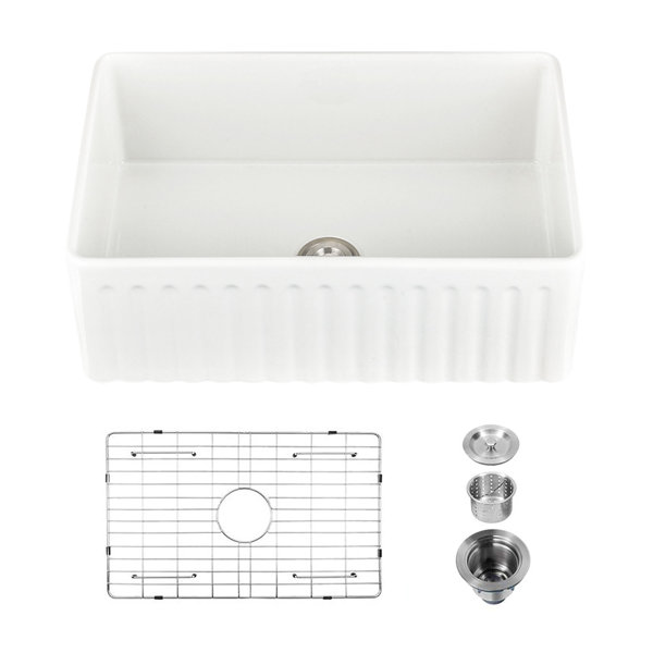 Pdpbath 33" L x 20" W Farmhouse Kitchen Sink with Sink Grid and Basket ...