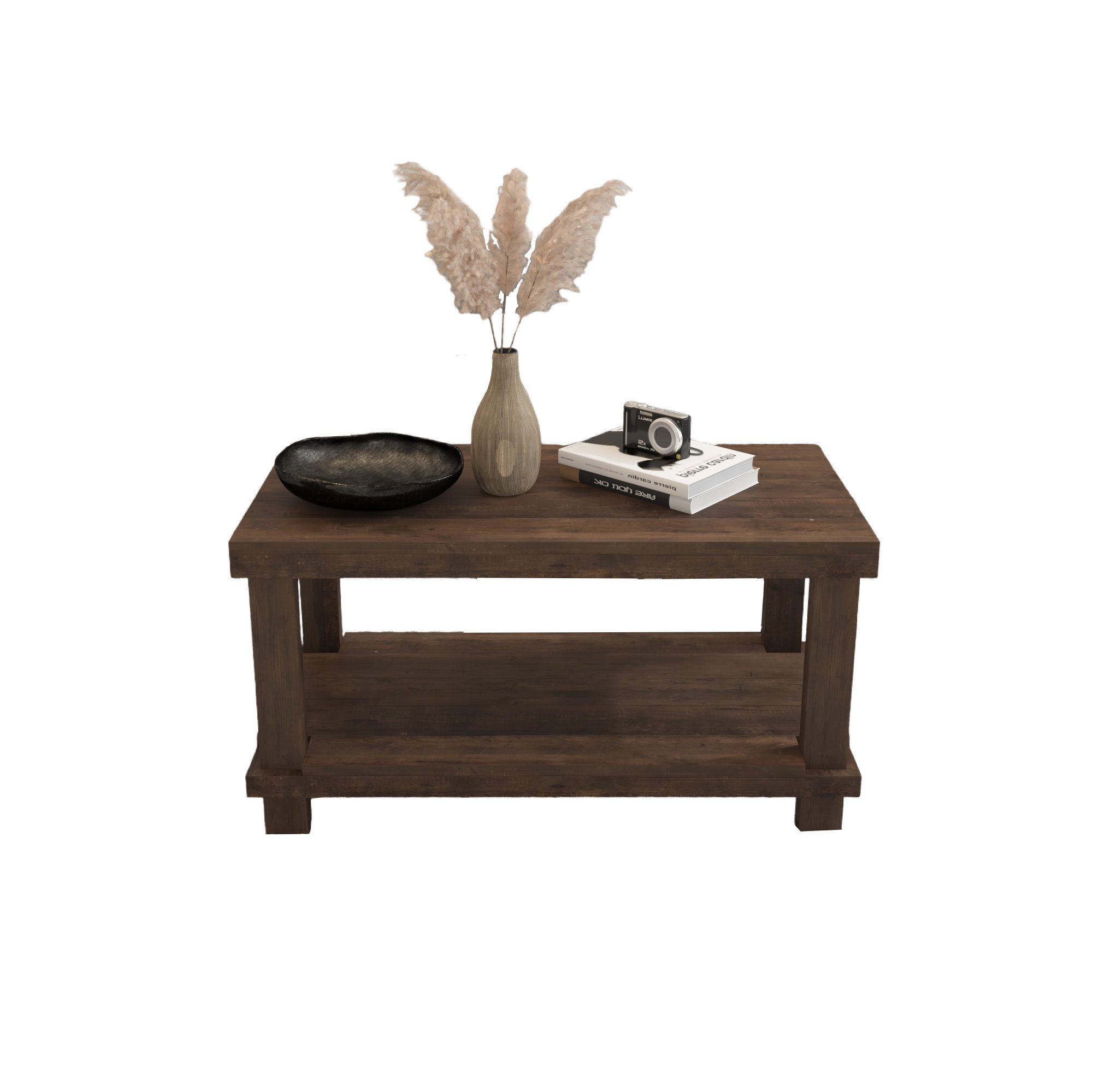 Gracie Oaks Rustic Luxe Pine Wood Coffee Table With Shelf, Dark Brown ...