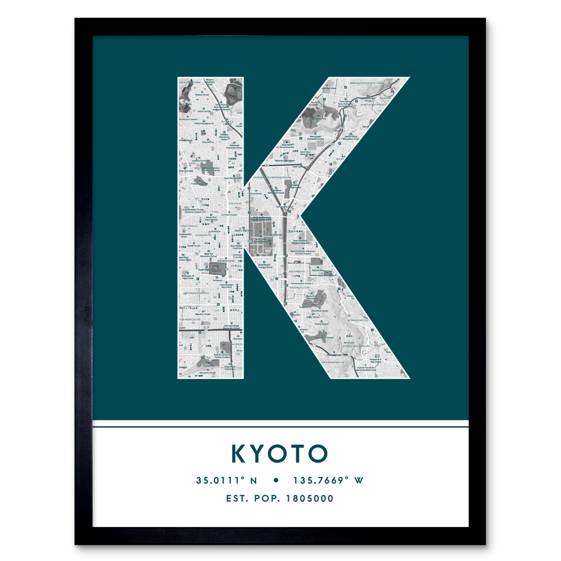 Wee Blue Coo Kyoto City Map Kyoto Teal by Wee Blue Coo - Picture Frame ...