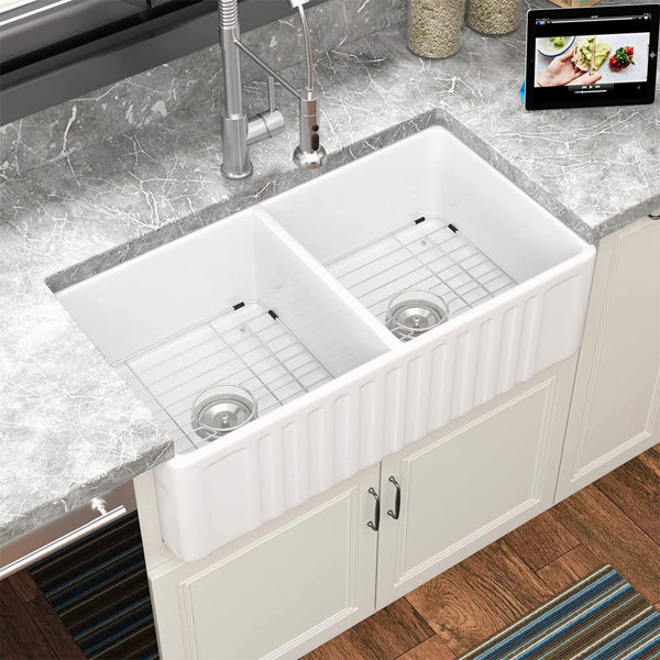 Sarlai 18'' W Double Bowl Ceramic Undermount Kitchen Sink | Wayfair